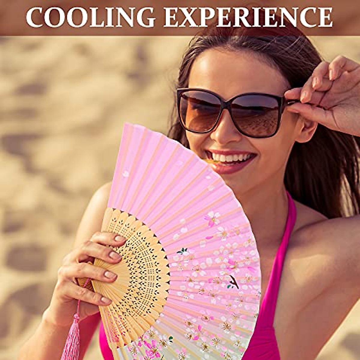 Zonon 4 Pieces Silk Handheld Floral Folding Fans Hand Held Fans Floral Folded Fan with Tassel Women's Hollowed Bamboo Hand Holding Fans for Wedding Gift, Party Favors, Daily Use