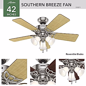 Hunter Fan Company, 51011, 42 inch Southern Breeze Brushed Nickel Ceiling Fan with LED Light Kit and Pull Chain