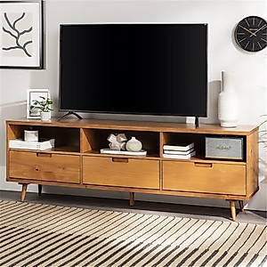 Walker Edison Millie Mid Century Modern 3 Drawer Solid Wood Low Stand for TVs up to 80 Inches, 70 Inch, Caramel