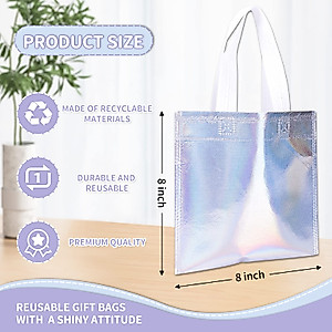 Whaline 24 Pieces 8''x8'' Non-Woven Small Party Bags, Holographic Gift Handled Bags, Reusable Candy Goodie Bags, DIY Craft Bags, Glossy Tote Bags for Birthday, Holiday, Event (Iridescent Color)