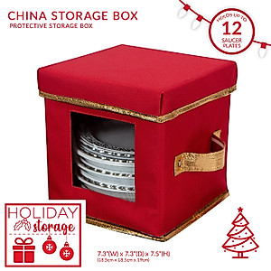 Simplify Holiday Saucer Plate Dinnerware Storage Box | 7.3 Inch | Christmas China | 12 Felt Dividers | Tableware Setting | Red