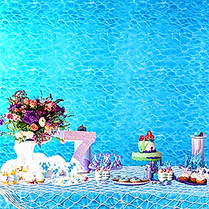 Ocean Waves Plastic Tablecloth Blue 54 x 108 Inch Underwater Party Table Cover and Fish Net Party Decorations Nautical Themed Cotton Fishnet Pirate Decor Mermaid Table Cloths for Parties(2 Pieces)