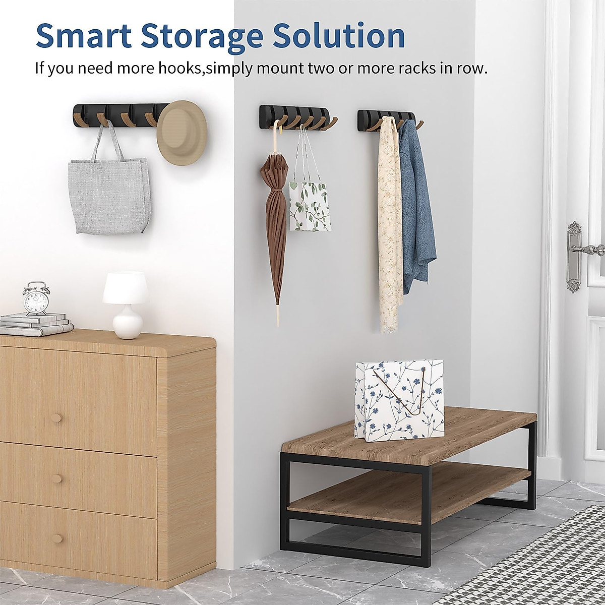 Temste 3 Pack Wall Mounted Coat Rack, Floating Rack with Retractable Hooks, Door Wall Coat Rack Plastic Space Saving Wall Hangers Hook Rail for Entryway Bathroom Hat Towel,Black