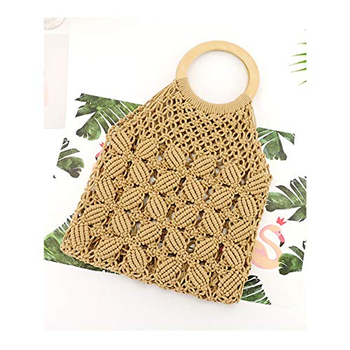QTKJ Boho Women's Summer Beach Straw Crochet Bag Hollow Out Hand-Woven Cotton Tote Bag Purse with Wooden Round Handle (Khaki)