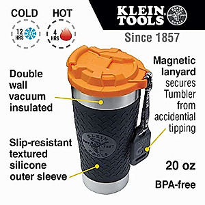 Klein Tools 55580 Stainless Steel Tumbler with Flip-top Lid, Insulated 20 oz. Tradesman's Double Wall Vacuum Mug, Slip-resistant Sleeve