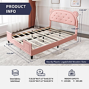 PUREMIND Twin Bed Frame for Kid, Girl Pink Children Platform Bed, Kid Bed Frame with Bear Shaped Headboard, Faux Leather Upholstered, Rivet Decoration, Wood Slats, No Box Spring Needed-Bear Twin