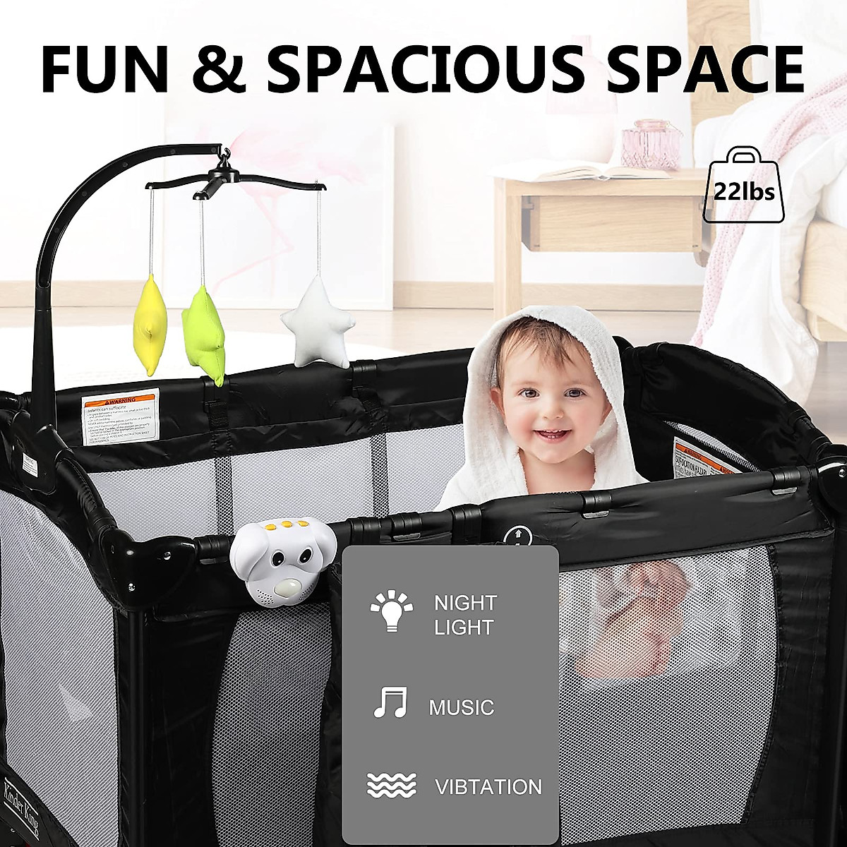 Kinder King 3 in 1 Portable Nursery Center, Foldable Playard for Baby & Toddler, Infant Pack n Play w/Bassinet, Removable Mattress, Newborn Changing Table, Travel Bag, Music Box, Storage Basket, Black