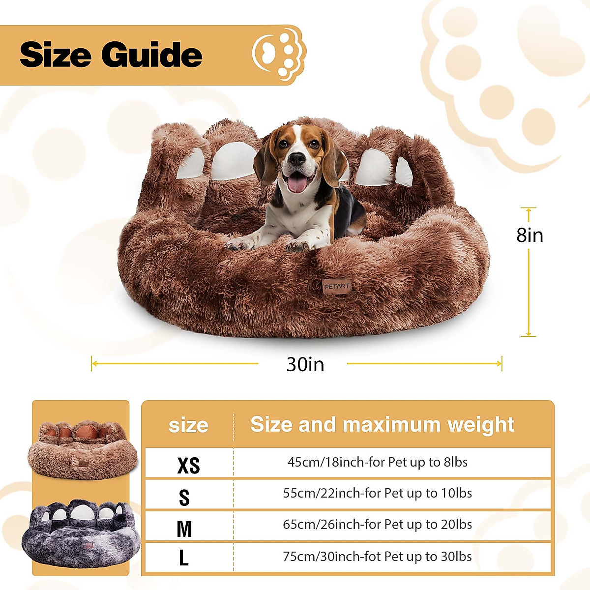 PETART Cute Dog Bed, Fluffy Cozy Bear Paw Shape Plush Round Cat Bed for Small, Medium Dogs & Large Cats,Comfortable Sleeping Puppy Cushion, Ideal for Indoor Use（Black&Coffee,18inch