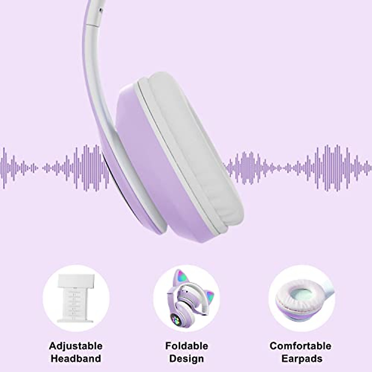TOKANI Wireless Over-Ear Headphones with Microphone, Bluetooth Cat Ear Headphones for Kids Teens Adults Girls Women (Purple)