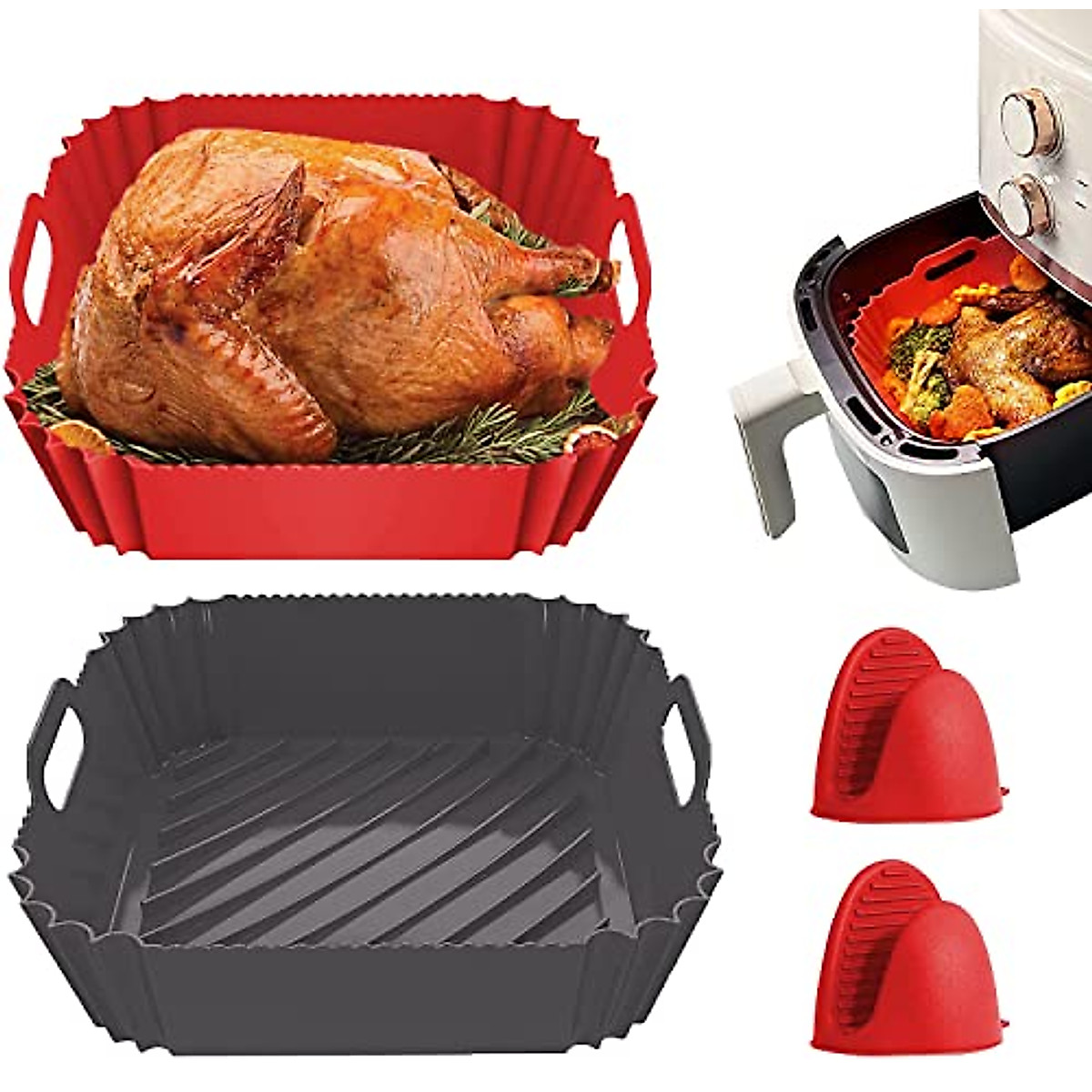 Chunyee 2 Pcs 8.5 in Air Fryer Silicone Liners, with Heat-Proof Gloves Silicone Air Fryer Liners, Easy to Clean Air Fryer Liners Silicone Square, Non-Stick Air Fryer Liners Reusable Fit 4 to 8 Qt