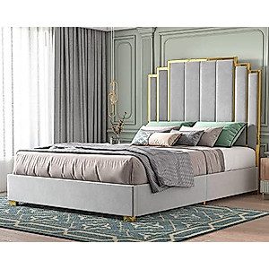 HOWE Queen Size Bed Frame and 61" Headboard, Upholstered Bed with Golden Plating Trim, Modern Platform Bed No Box Spring Needed, Light Grey