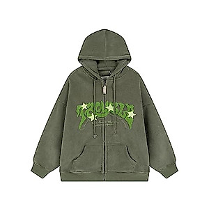 Sumleno Y2K Zip Up Hoodie Letter Print Star Graphic Grunge Hooded Corduroy Sweatshirt Jacket Oversized Retro Y2k Clothing (Green,M)