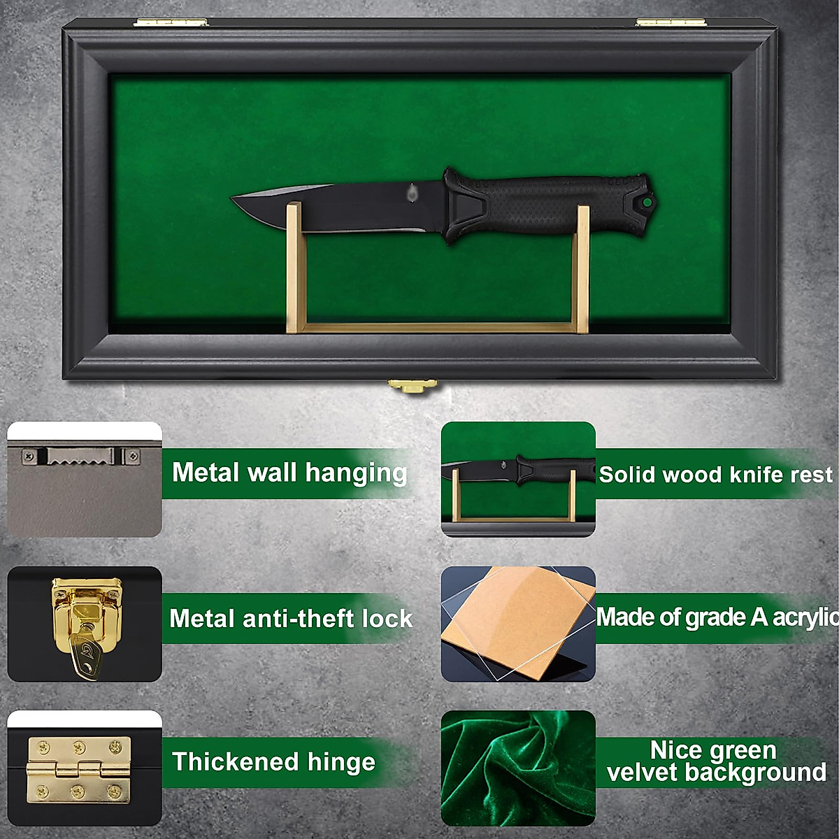 HOROW Knife Display Case Collect Pocket Knife Display Stand Military Folding Single Knife Shadow Box Wall Mount Cabinet with Uv Protection Acrylic Lockable Collectibles Knife-Black