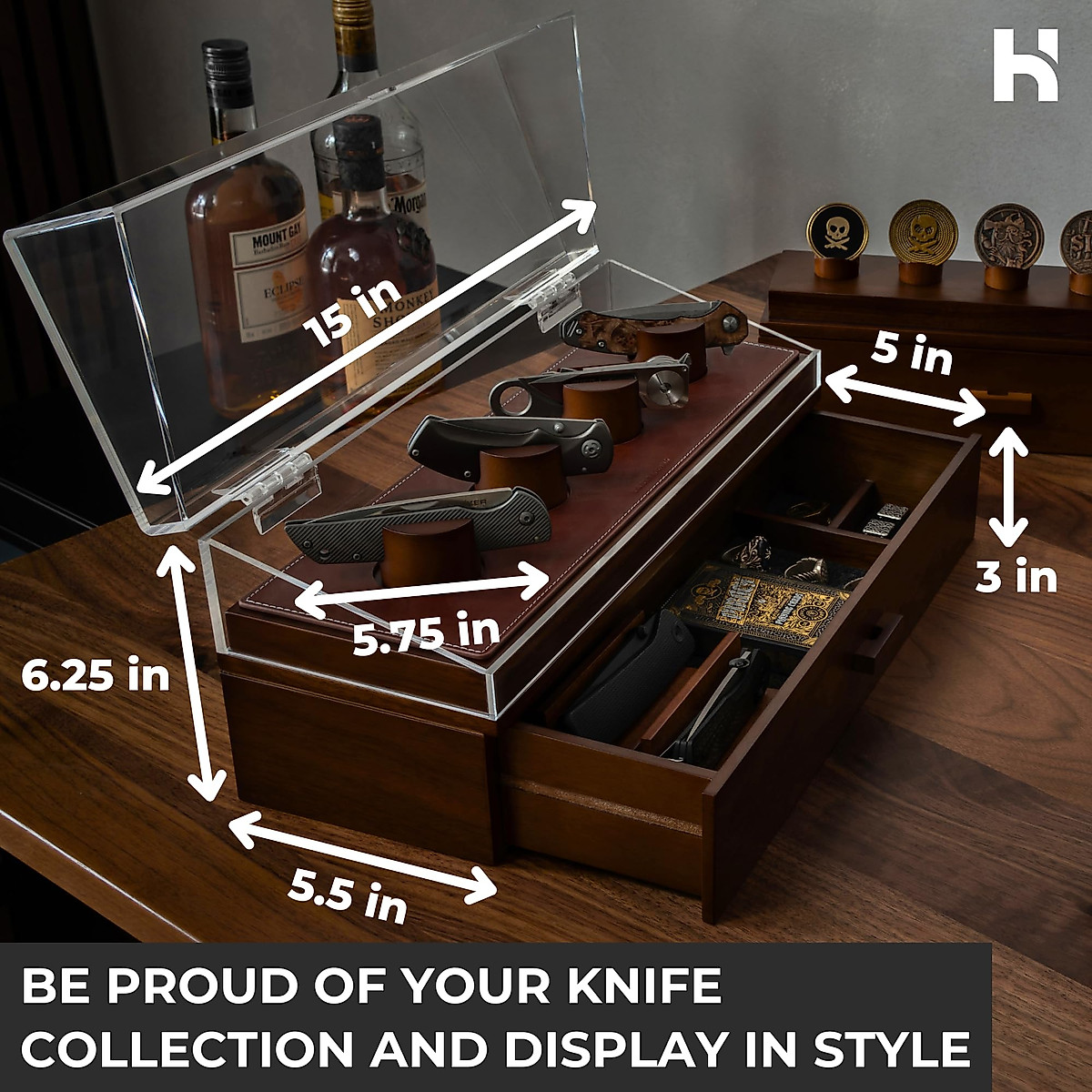 Showcase Your Knives with The Knife Deck Pro – Premium Pocket Knife Display Case for 6 Knives – Easy Access & Leather Lining – Drawer for Accessories – Wooden Pocket Knife Holder – Lifetime Assurance