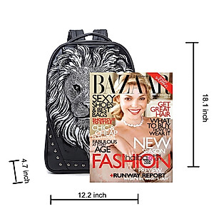 3D Animal Head Backpack, Studded PU Leather Cool Laptop Backpack College Bookbag (Lion-Black) One Size