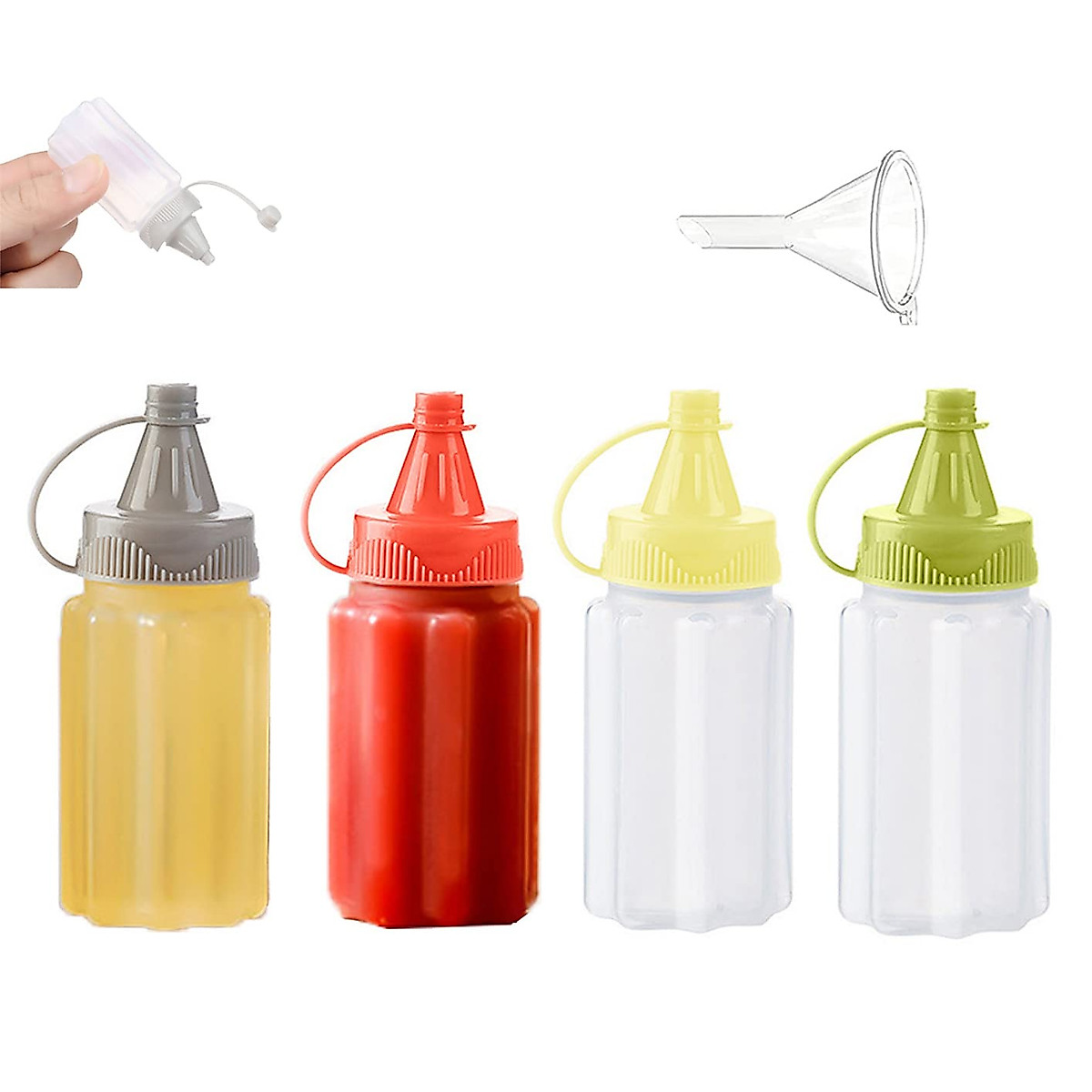 THYULIFE 4 Pack Mini Ketchup Bottles with Funnel, 25ml, BPA Free, Leakproof, Portable, Refillable, Suitable for BBQ, Kitchen, Picnic, Wedding, Luncheon, Salad Dressing, Syrups, Oil, Vinegar