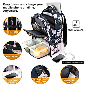 Lunch Backpack, Insulated Cooler Backpack for Women Laptop Backpack with USB Port, 15.6 Inch Laptop Bookbag Waterproof Backpack Food Bag for Work Beach Camping Picnics Hiking Travel Blue Flower