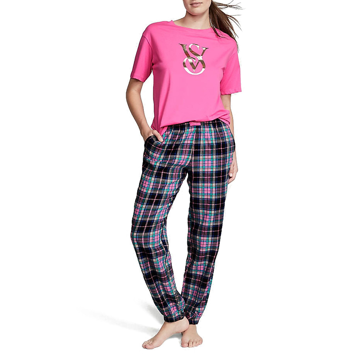 Victoria's Secret Flannel Jogger Teejama, PJ Set for Women, 2 Piece Lounge Set PJs, Flannel Pajamas Women, Women's Sleepwear, Pink (XL)