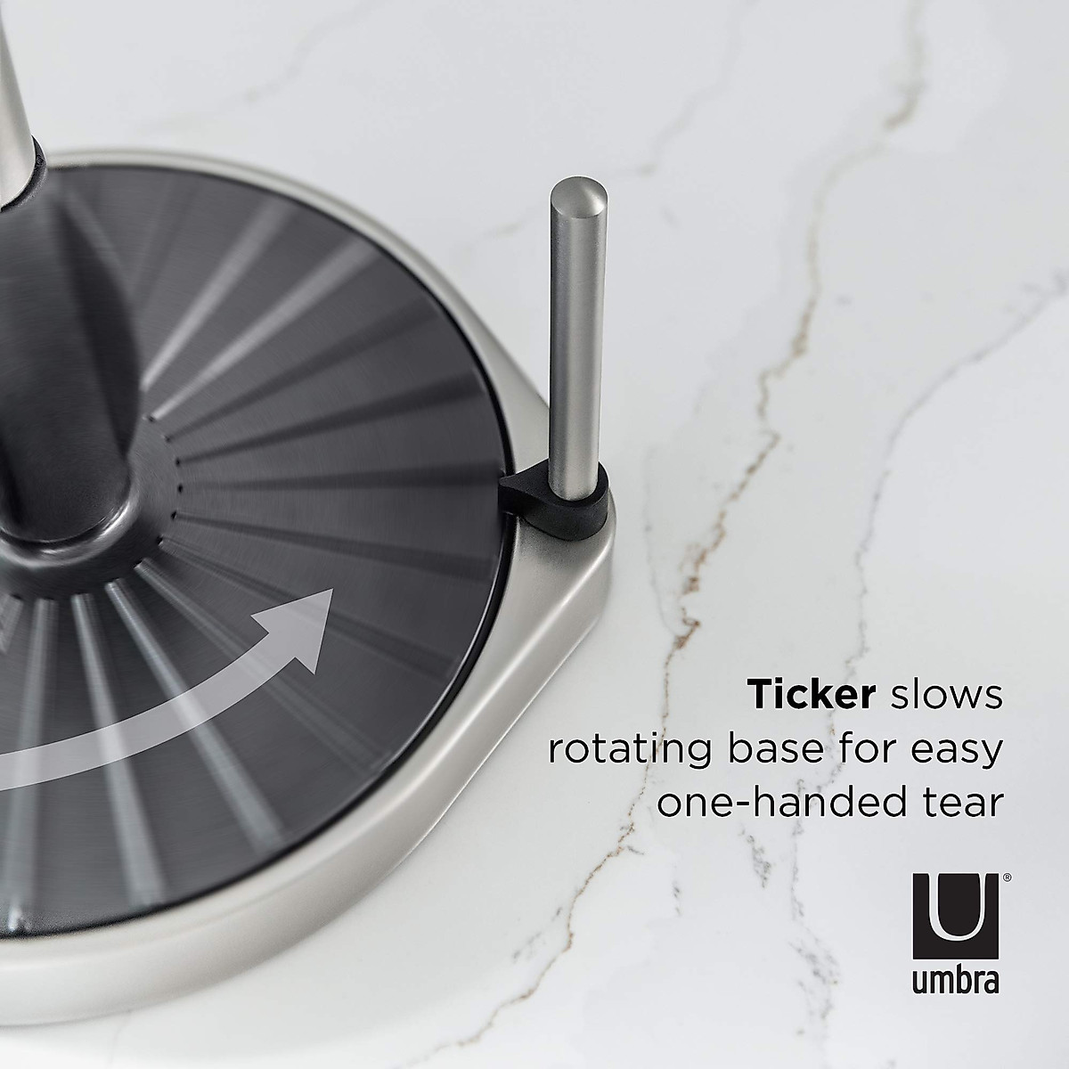 Umbra Spin Click N Tear Paper Towel Holder Stand for Countertop - One-Handed Tear, Nickel/Black