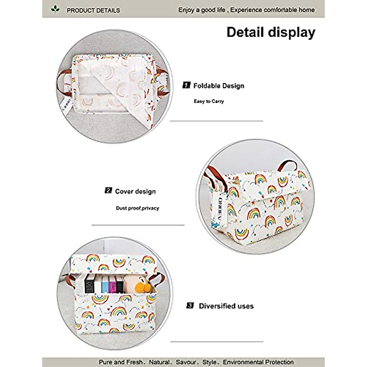 ONOEV Rectangular Fabric basket with cover and handle, decorative basket and closet storage box for clothes, books and sundries（rainbow with lid）, 14.9x10.2x9.05 Inch (Pack of 1)