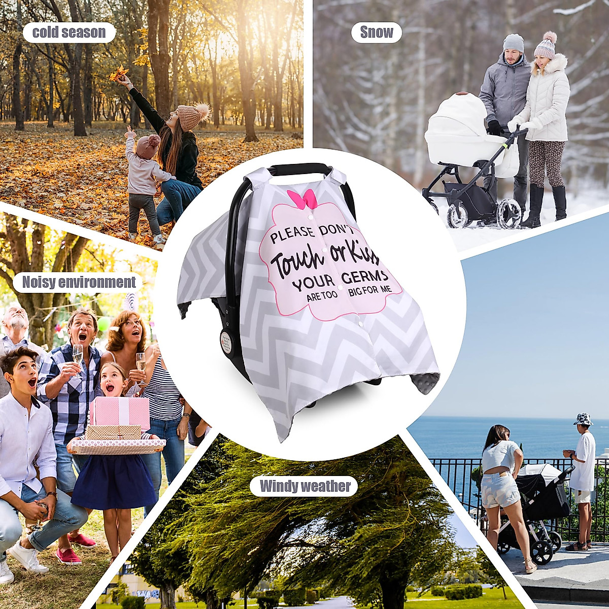 Metplus 2 in 1 Baby Car Seat Cover, Car Seat Canopy for Babies, Mom Nursing Cover, Minky Baby Carrier Covers, Newborn Boy Girl Shower Gift, Peekaboo Opening & No Touch Sign, Grey Stripes