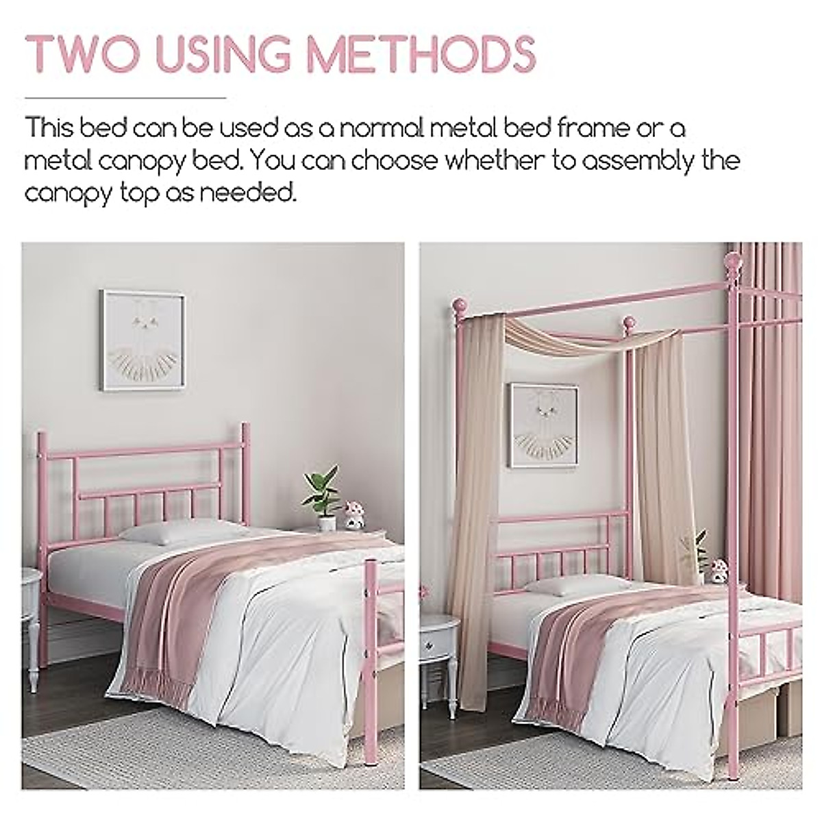 Yaheetech Twin Canopy Bed Frames Metal Platform Bed Frame Four-Poster Canopied Bed Mattress Foundation with Headboard and Footboard Sturdy Slatted Structure Easy Assembly No Box Spring Needed Pink