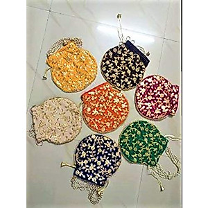 5 Pieces India Gift Hub Indian Handmade Women's Velvet Embroidered Potli Purse Bag Pouch Drawstring Bag
