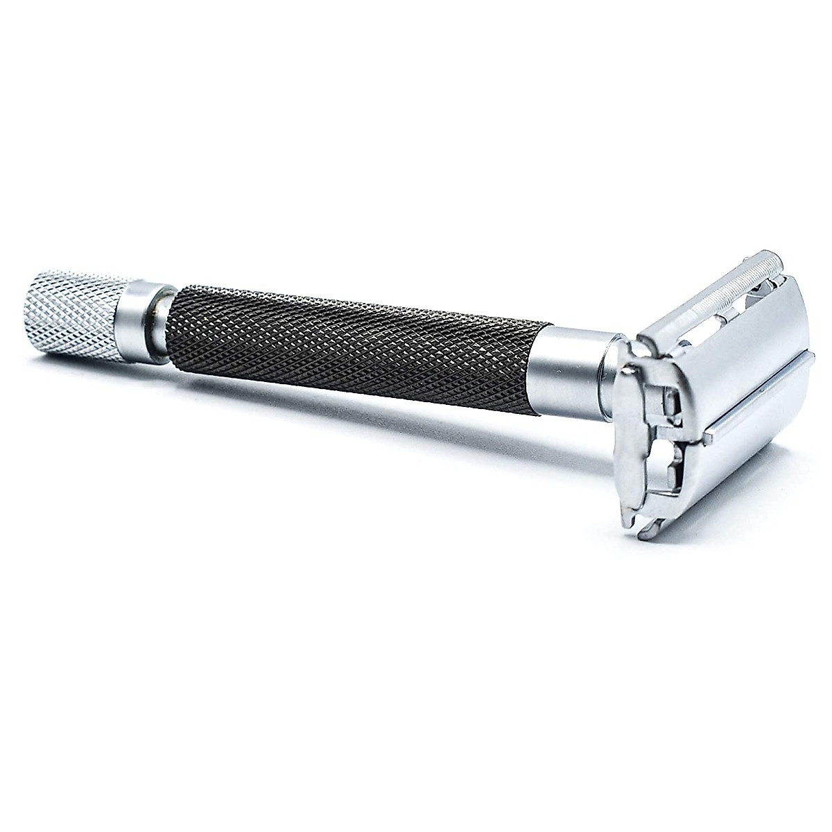 Parker 74R Graphite Gray - Long Handle Heavyweight Butterfly Open Double Edge Safety Razor for Men, 5 Parker Premium Platinum Double Edge Razor Blades included