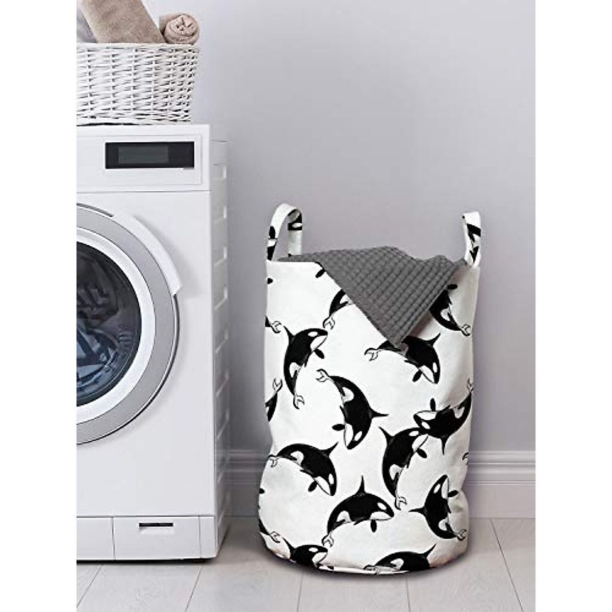 Lunarable Orca Laundry Bag, Grampus Killer Whale Repeating Pattern in Doodle on Plain Backdrop Print, Hamper Basket with Handles Drawstring Closure for Laundromats, 13" x 19", Charcoal Grey and White