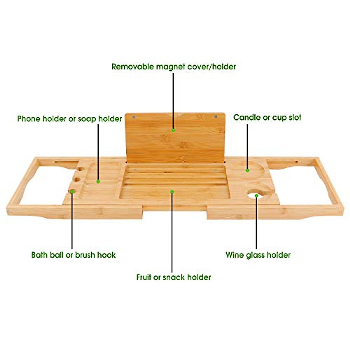 Diosbles Bathtub Caddy Tray Expandable Bamboo Bath Tub Tray Caddy Extendable Bathtub Holders Organizers with Book Ipad Holder and Phone Candle Wineglass Slots