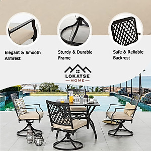 LOKATSE HOME 5 Piece Patio Dining Set Outdoor Furniture 4 Swivel Chairs with Cushion and 37" Square Umbrella Hole Table for Bistro Backyard Garden, Khaki