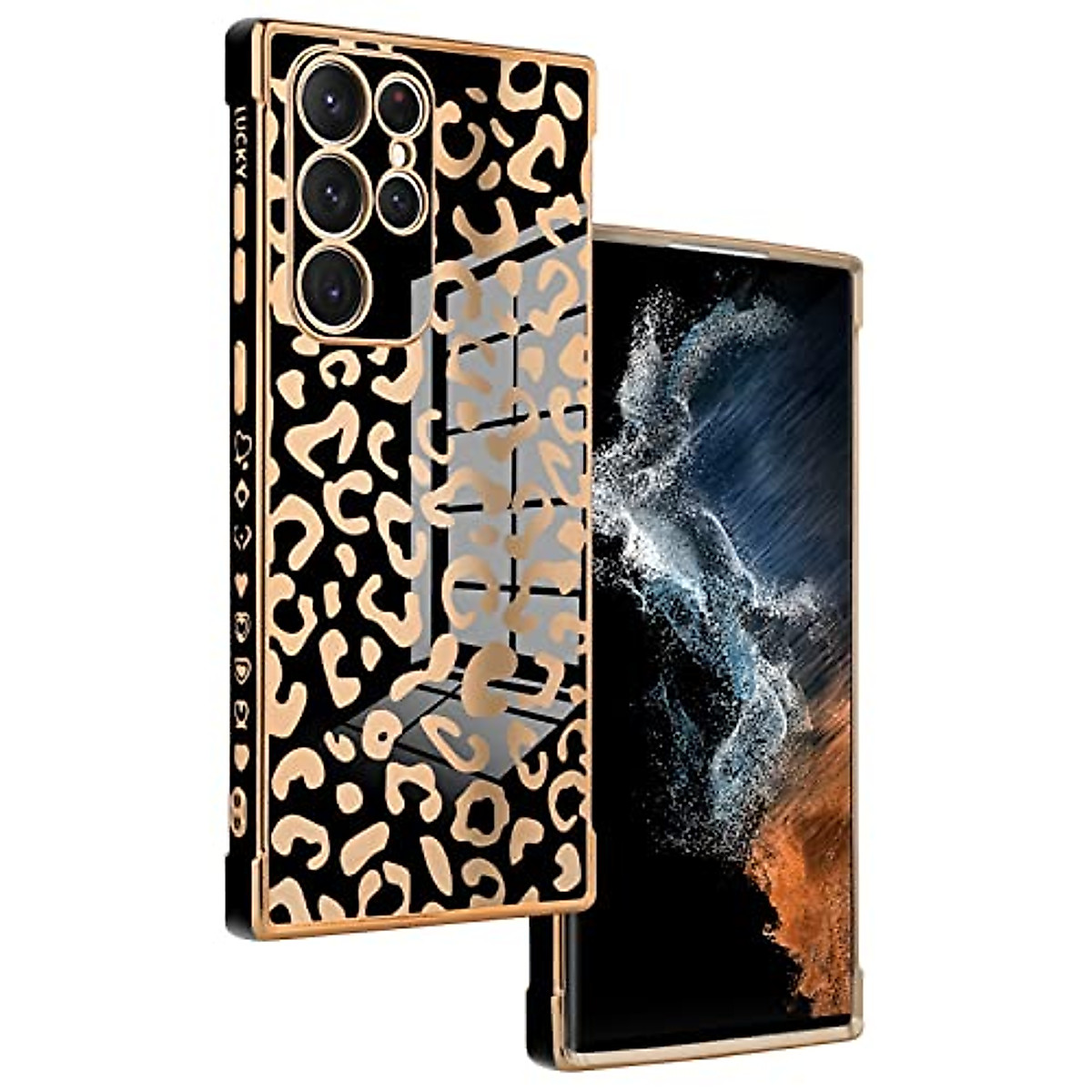 Fiyart Designed for Samsung Galaxy S22 Ultra Case Cheetah Print Design for Women Girls Soft TPU Plating Full Camera Lens Protection Leopard Print Phone Cover Bumper for S22 Ultra 6.8"-Black