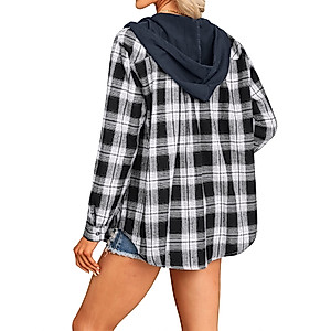 Ezcosplay Women Shacket Flannel Plaid Tops Long Sleeve Plaid Blouse Hood Button Down Casual Shirt Coat
