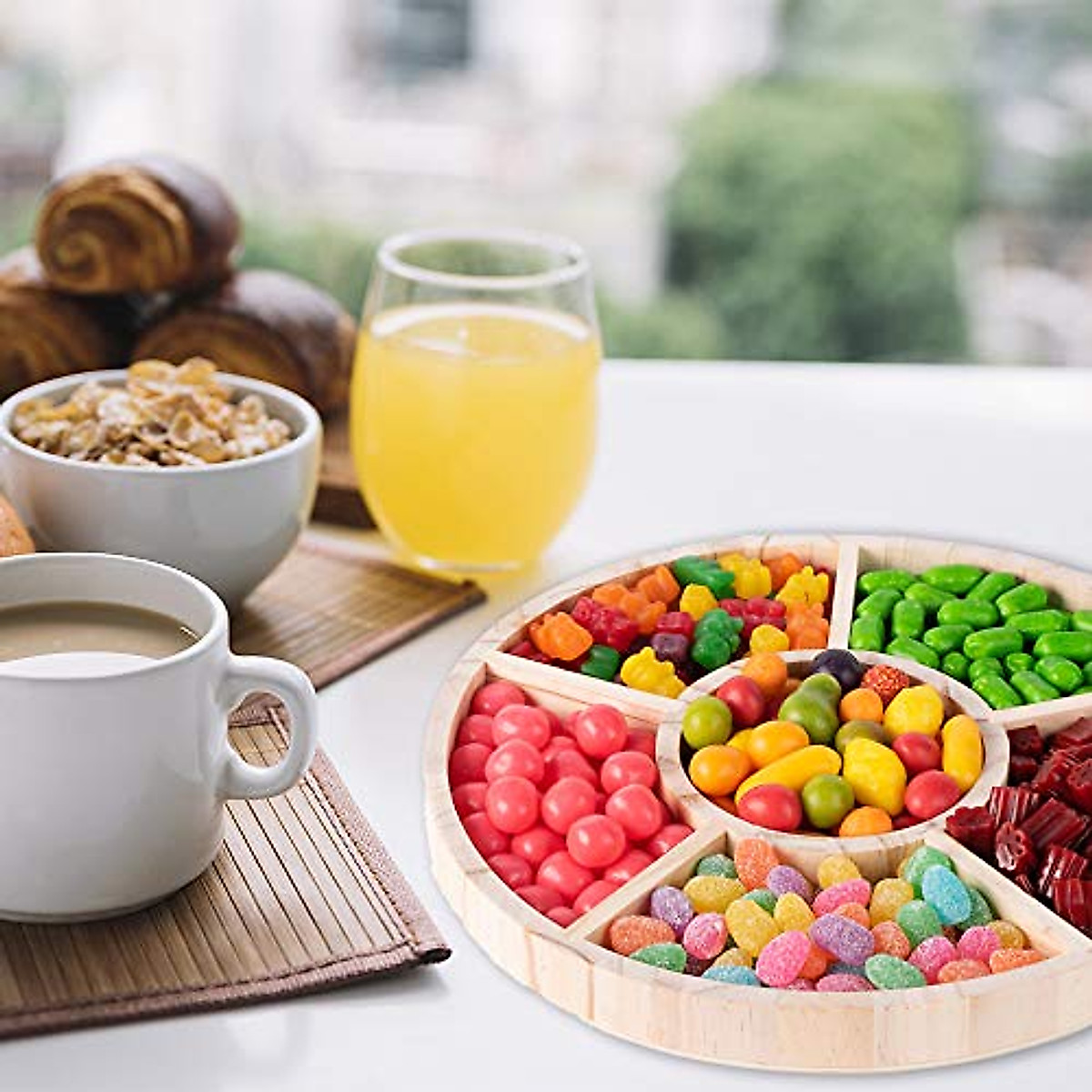 Hammont Round Shaped Wooden Tray - 2 Pack - 10”x1” - Sectioned Serving Tray with Six Unique Designed Compartments