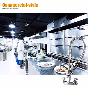 MSTJRY Commercial Sink Faucet with Pre Rinse Sprayer: 35"Height 8"Adjustable Center 12"Swivel Spout Wall Mount Pre Rinse Faucet-Perfect for 2/3 Compartment Sink (Polished Chrome,Stainless Steel&Brass)