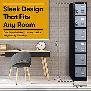 Fedmax Locker Storage Cabinet - 6 Metal Wall Lockers for School, Gym, Home, Office Employee Lock Box, 71 Inches High - Black/Grey