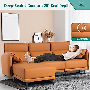 Naomi Home High Back Sectional Sofa, Pet-Friendly and Easy to Clean Oversized L-Shaped Sofa with Ottoman, Convertible Couch with Headrests and Armrest Pillows for Living Room or Apartment, Caramel