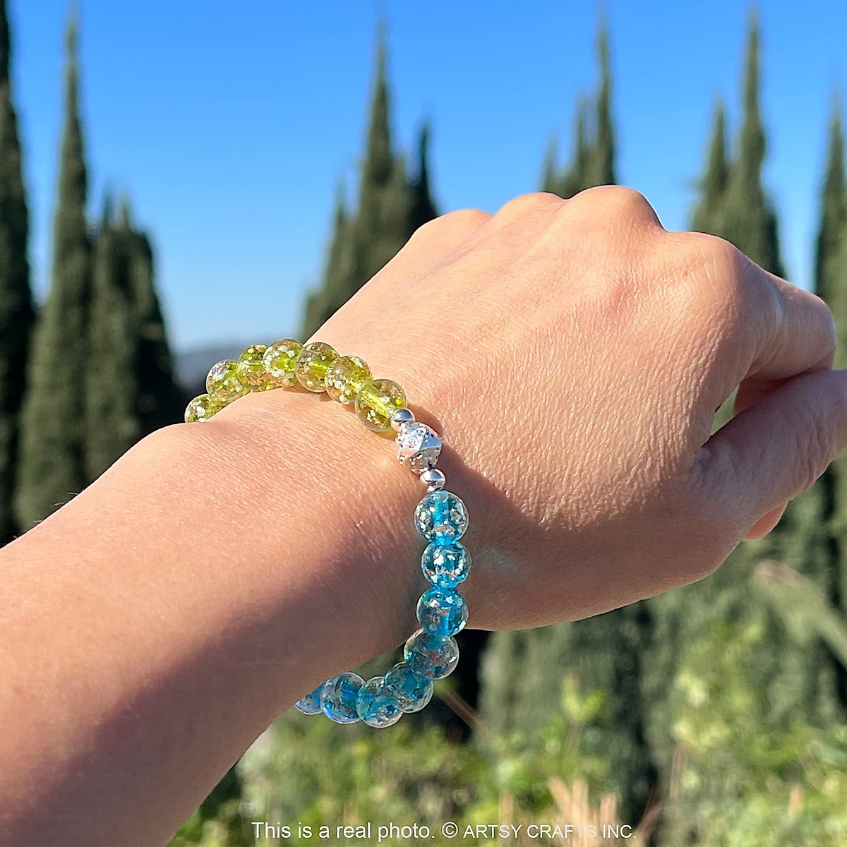 ARTSY CRAFTS INC Glow in The Dark Beads Bracelet, European Lampwork Bead Bracelet, Luminous Beads Anxiety Stress Relief Healing Crystal Chakra Bracelets Women Men (Blue and Lime)