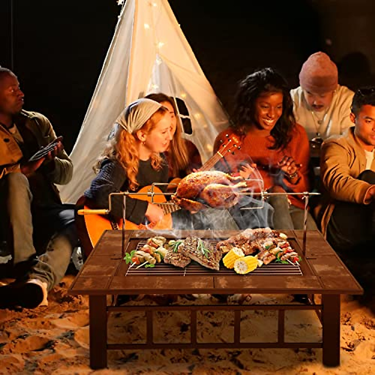 37 Inch Fire Pit with Grill, Outdoor Fire Pit Table, Wood Burning Firepit with Spark Screen for Backyard Garden Patio Picnic