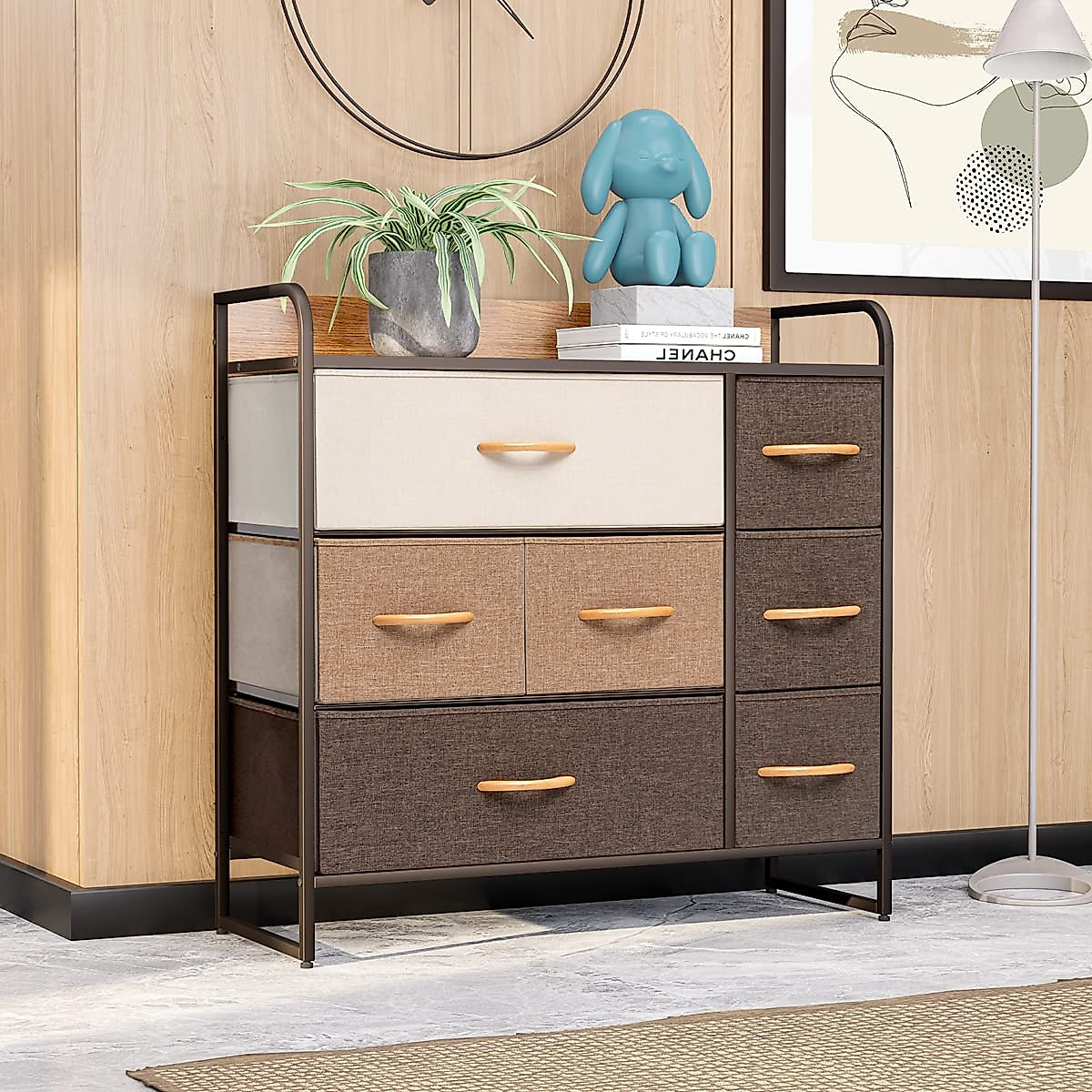 VredHom Wide Fabric Dresser Tower, 7 Drawers Fabric Closet Dresser Closets Storage Units with Sturdy Steel Frame, Wood Top & Easy Pull Fabric Bins for Bedroom, Living Room, Hallway, Entryway, Closets