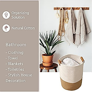 OHROS 1 Piece Woven Baskets For Storage Rope Laundry Basket For Organizing Hamper Boho Cotton Laundry Basket For Bathroom Towel Blanket Closet Clothes Storage Toy Bin Round Tall Basket 13.5 X 14.5"