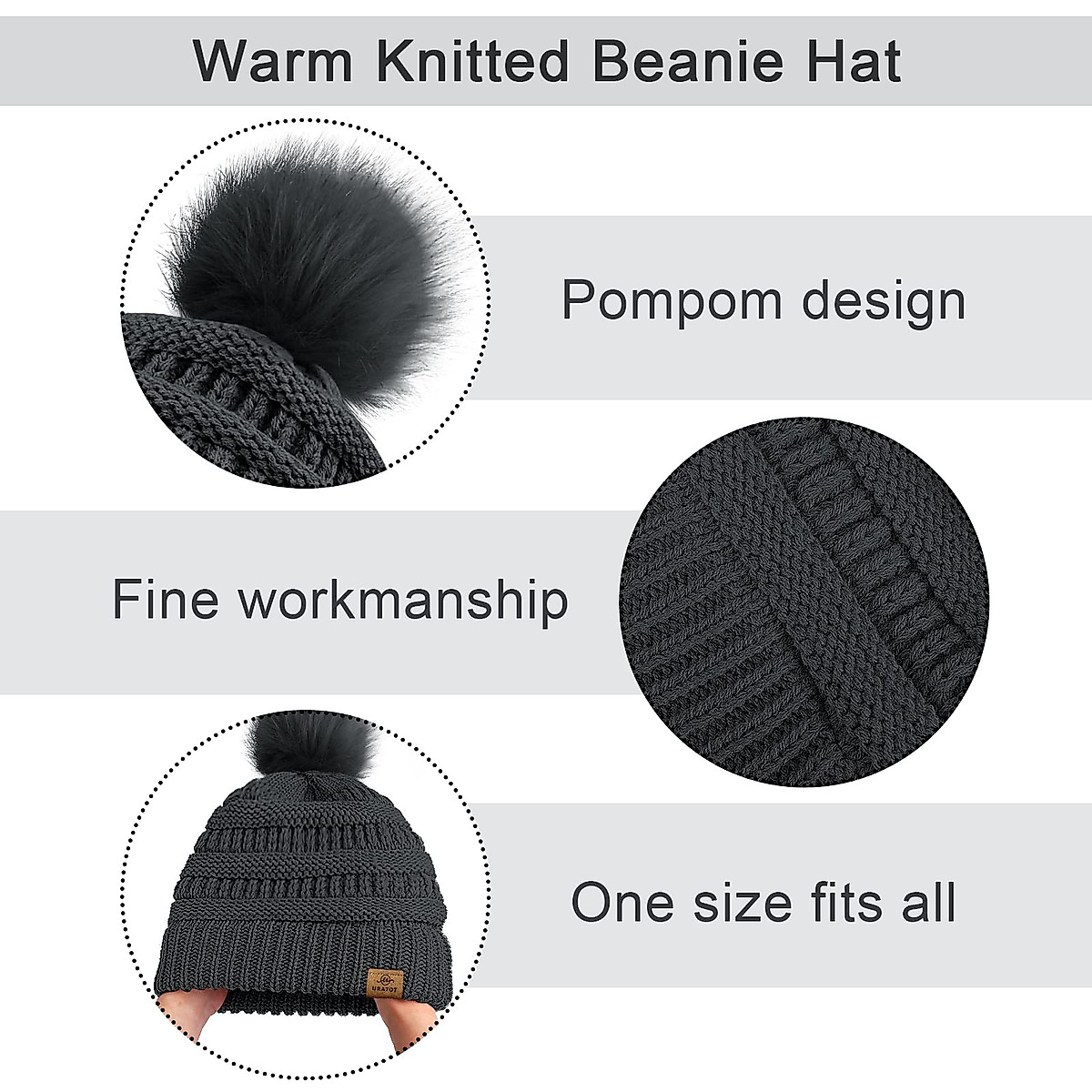 URATOT Winter Warm Knitted Sets Beanie Pompom Hat Scarves Winter Touchscreen Gloves Scarf Set for Men Women