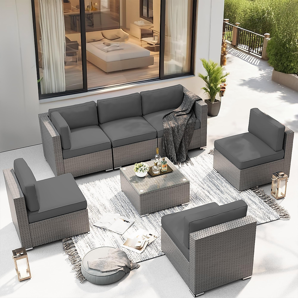Patiomore 7-Piece Outdoor Patio Sectional Sofa Sets, Grey PE Wicker Furniture Set with Glass Coffee Table, Grey Cushion