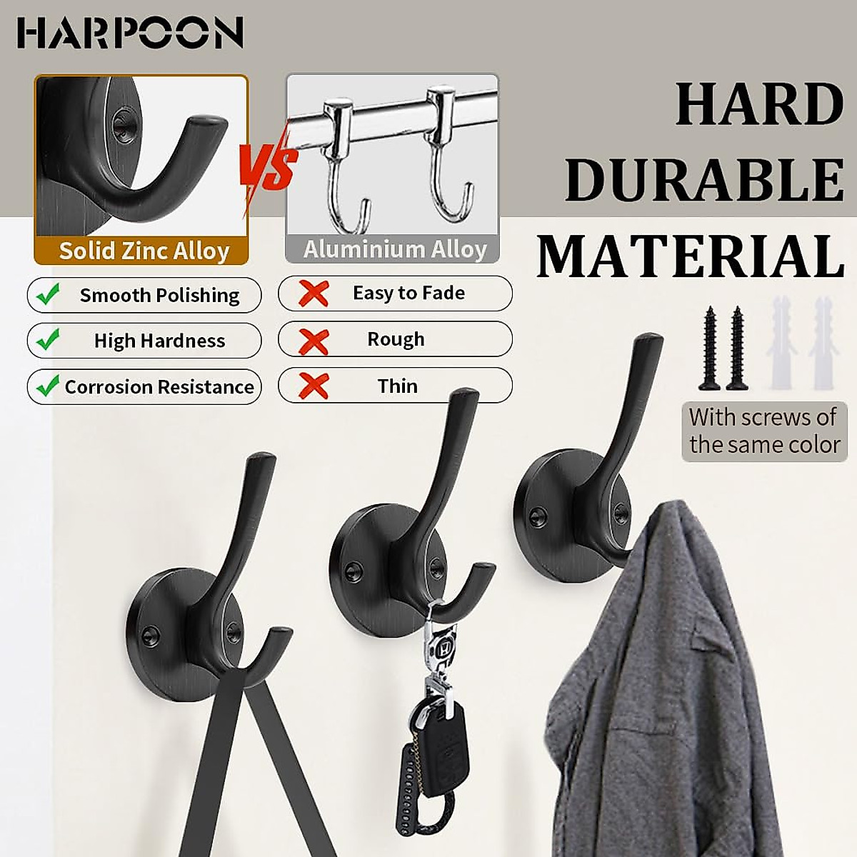 HARPOON 5 Pcs Prong Hook, Heavy Duty Two Flared Coat Hooks,Wall Mounted with 4 Screws,Utility Hooks for Scarf, Bag, Towel, Key, Cap, Cup, Hat Oil Rubbed Bronze