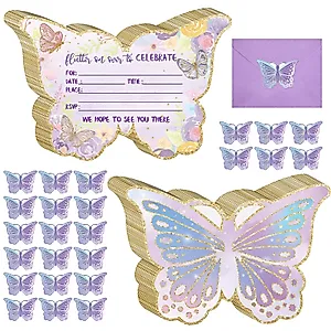 Hotop 24 Sets Mermaid Birthday Invitations with Envelopes and Mermaid Stickers Glitter Butterfly Invitations for Kids Birthday Party Baby Shower Mermaid Themed Party Supplies Pool Party (Butterfly)