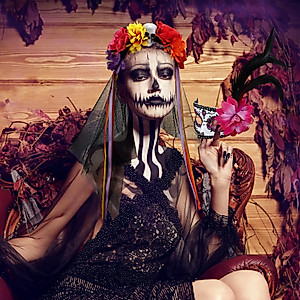 Lyrow 2 Pcs Halloween Flower Accessories Day of The Dead Accessories Mexican Floral Headband and Halloween Masquerade Eye Mask Halloween Rose Flower Headband Halloween Costumes for Women Girls