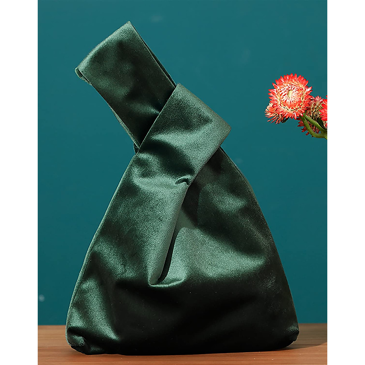 YuuTbiu Dark Green Knot Purse,Elegant Style Wrist Bag,Velvet Portable Wallet for Women middle