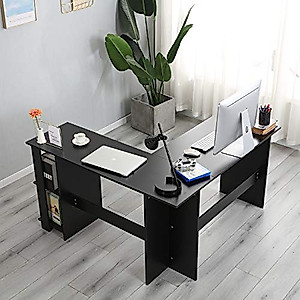sogesfurniture L-Shaped Home Office Wood Corner Desk Office L-Shaped Desk with 2 Shelves is Compact L-Shaped Desk with Open Bookshelves, BHUS-XTD-SC01-BK