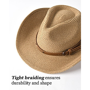 FURTALK Straw Cowboy Sun Hats for Women Men Western Cowgirl Hats with Wind Lanyard UPF 50+ Beach Hat Khaki