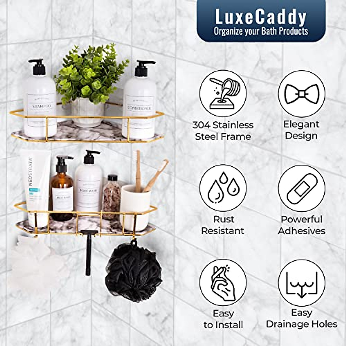 LuxeCaddy Shower Caddy , Corner Shower Caddy ,Shower Organizer, Shower Shelves Inserts for Bathroom Organization, Gold